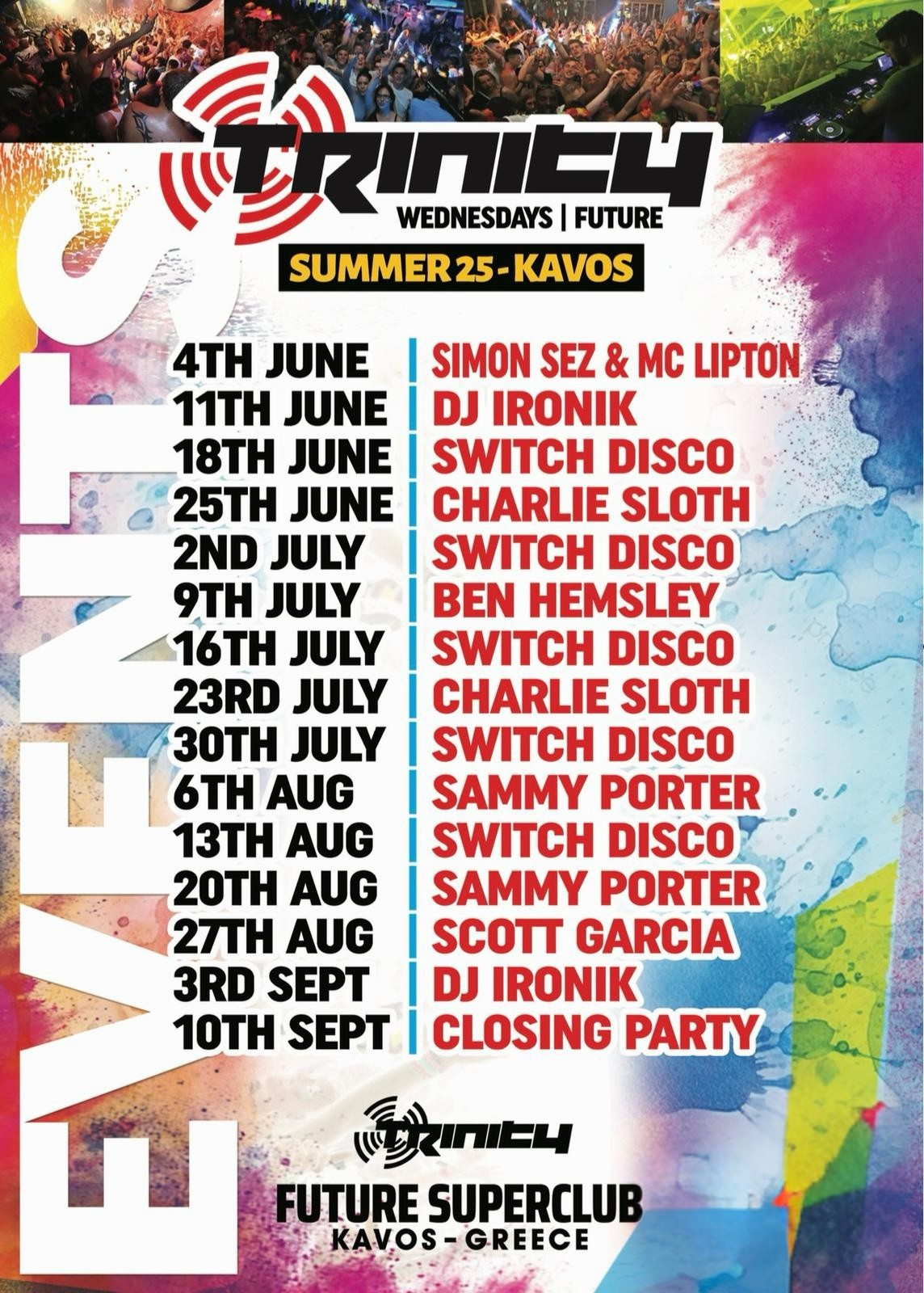 Trinity Live Lineup - Kavos 2025 | Book Parties & Event Tickets
